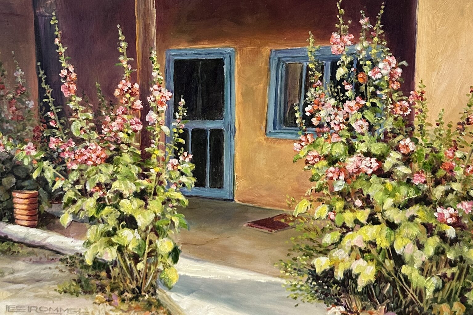 “ADOBE HOLLYHOCKS” By Lee Rommel – Acosta Strong Fine Art
