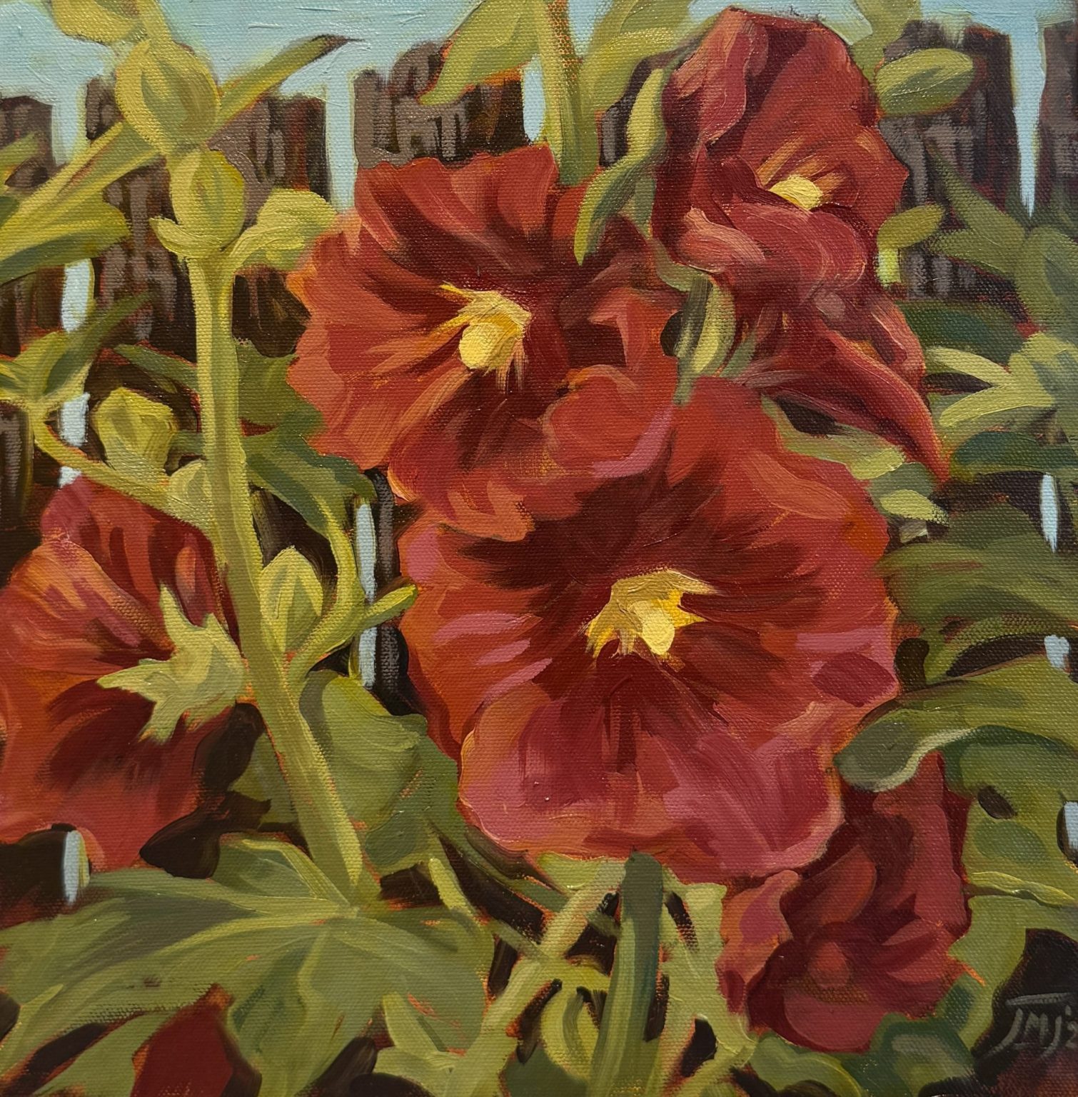 RED HOLLYHOCKS #6 – BY JIM JENNINGS – Acosta Strong Fine Art