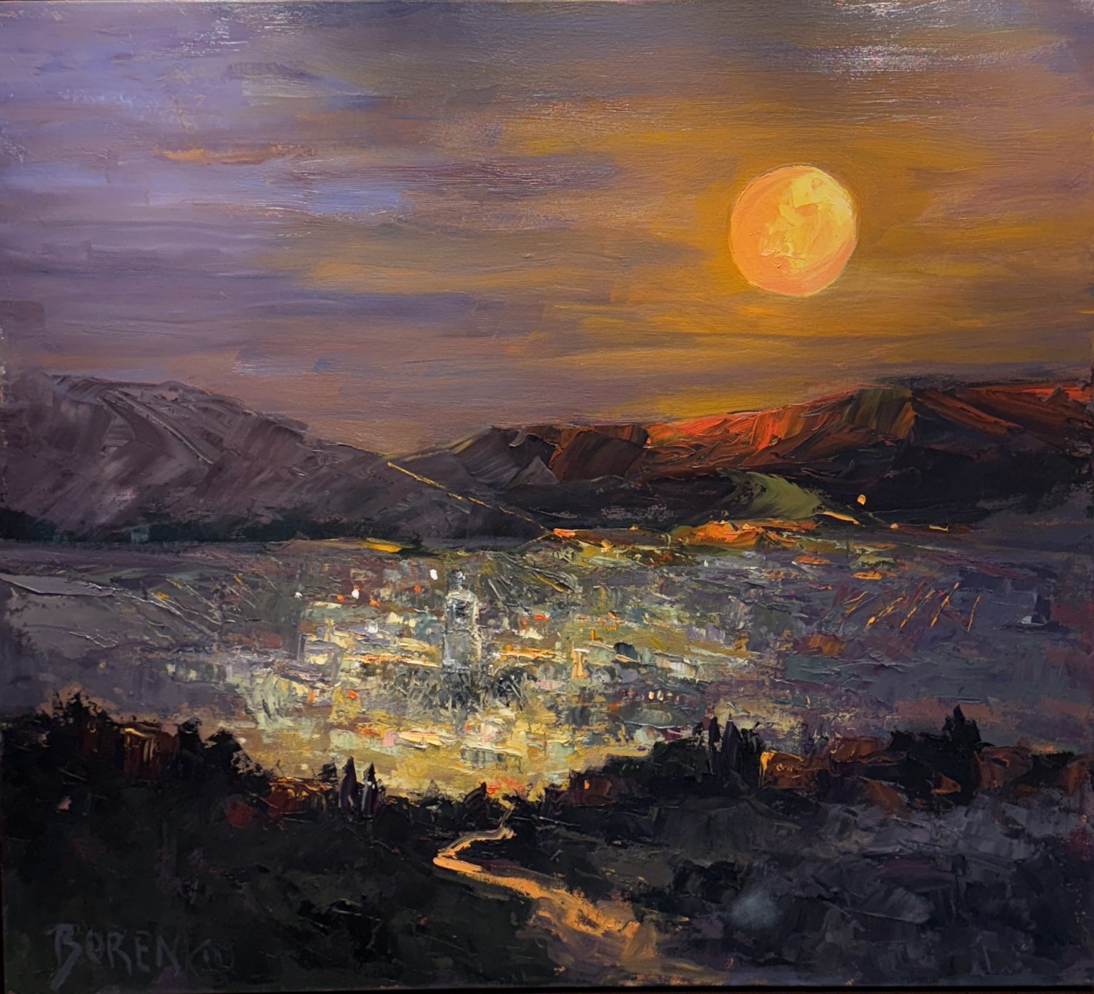 “BLOOD MOON OVER SANTA FE” – By Evelyne Boren – Acosta Strong Fine Art